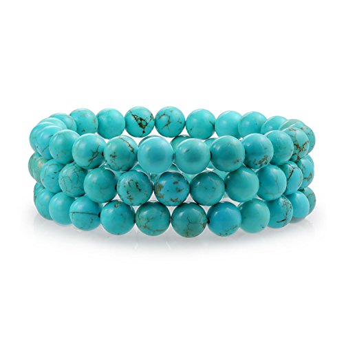 Bling Jewelry Simple Plain Set Of 3 Stabilized Turquoise 8MM Ball Bead Stones Stackable Strands Stretch Bracelet For Women For Teen