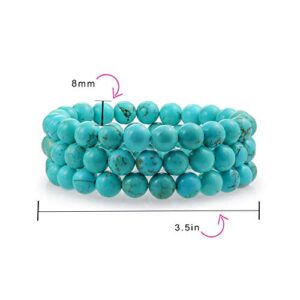 Bling Jewelry Simple Plain Set Of 3 Stabilized Turquoise 8MM Ball Bead Stones Stackable Strands Stretch Bracelet For Women For Teen