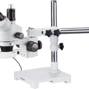 AmScope SM-3TZ-54S Professional Trinocular Stereo Zoom Microscope, WH10x Eyepieces, 3.5X-90X Magnification, 0.7X-4.5X Zoom Objective, 54-Bulb LED Light, Single-Arm Boom Stand, 110V-240V, Includes 0.5X and 2.0X Barlow Lenses