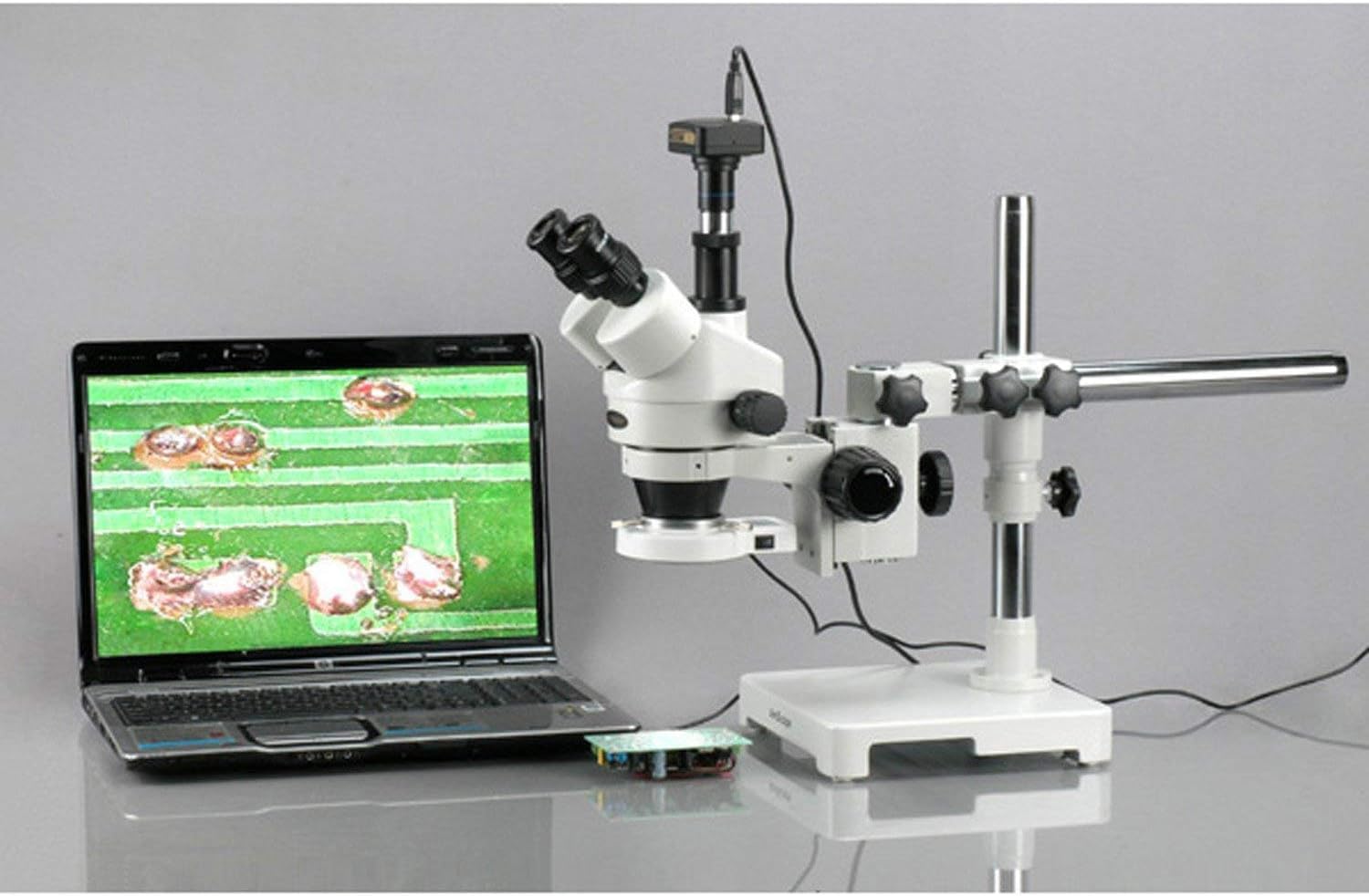 AmScope SM-3TZ-54S Professional Trinocular Stereo Zoom Microscope, WH10x Eyepieces, 3.5X-90X Magnification, 0.7X-4.5X Zoom Objective, 54-Bulb LED Light, Single-Arm Boom Stand, 110V-240V, Includes 0.5X and 2.0X Barlow Lenses