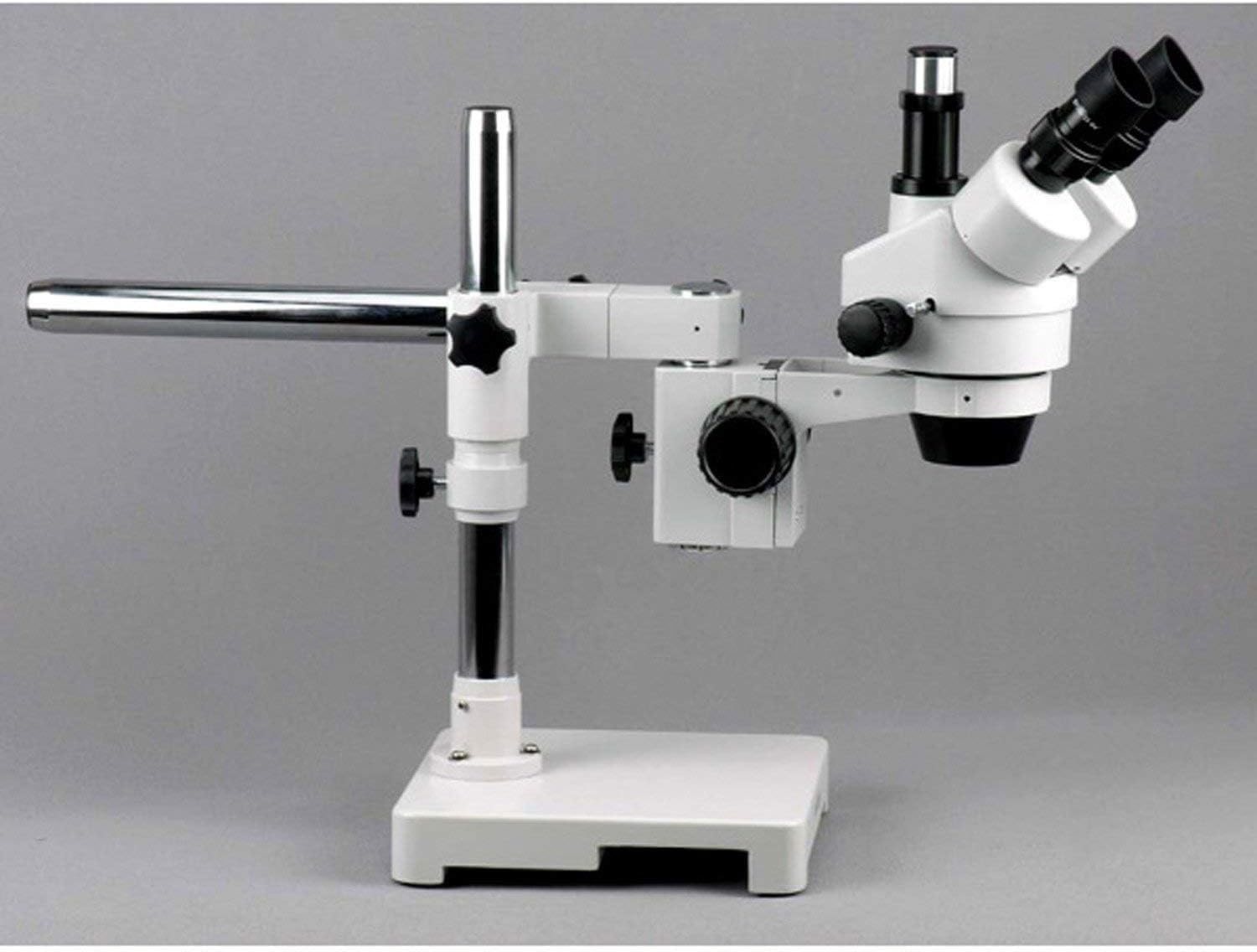 AmScope SM-3TZ-54S Professional Trinocular Stereo Zoom Microscope, WH10x Eyepieces, 3.5X-90X Magnification, 0.7X-4.5X Zoom Objective, 54-Bulb LED Light, Single-Arm Boom Stand, 110V-240V, Includes 0.5X and 2.0X Barlow Lenses