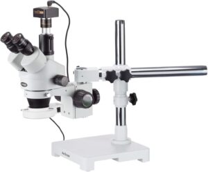 amscope sm-3tz-54s-5m digital professional trinocular stereo zoom microscope, wh10x eyepieces, 3.5x-90x magnification, 0.7x-4.5x zoom objective, 54-bulb led light, single-arm boom stand, 110v-240v, includes 0.5x and 2.0x barlow lenses and 5mp camera with