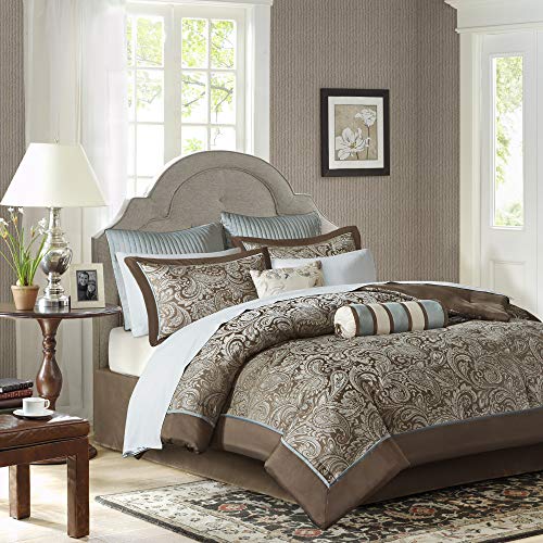 Madison Park Aubrey Cozy Comforter Set, Faux Silk Jacquard Paisley Design - All Season Down Alternative Bedding with Cotton Bed Sheets, Bed Skirt & Toss Pillows, Queen Blue 12 Piece