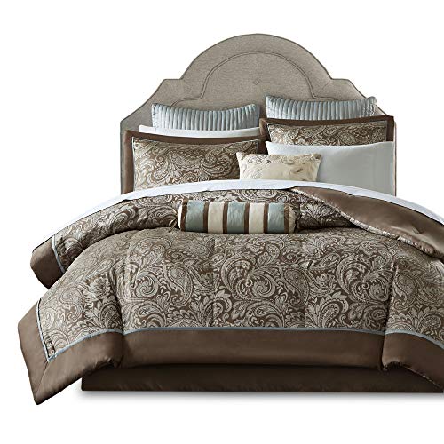 Madison Park Aubrey Cozy Comforter Set, Faux Silk Jacquard Paisley Design - All Season Down Alternative Bedding with Cotton Bed Sheets, Bed Skirt & Toss Pillows, Queen Blue 12 Piece