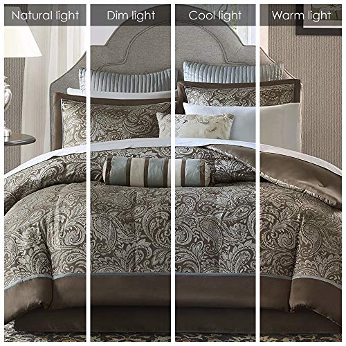 Madison Park Aubrey Cozy Comforter Set, Faux Silk Jacquard Paisley Design - All Season Down Alternative Bedding with Cotton Bed Sheets, Bed Skirt & Toss Pillows, Queen Blue 12 Piece