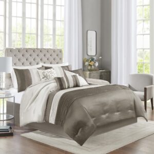 madison park amherst faux silk comforter set-casual contemporary design all season down alternative bedding, matching shams, bedskirt, decorative pillows, queen(90"x90"), natural, 7 piece (mp10-121)