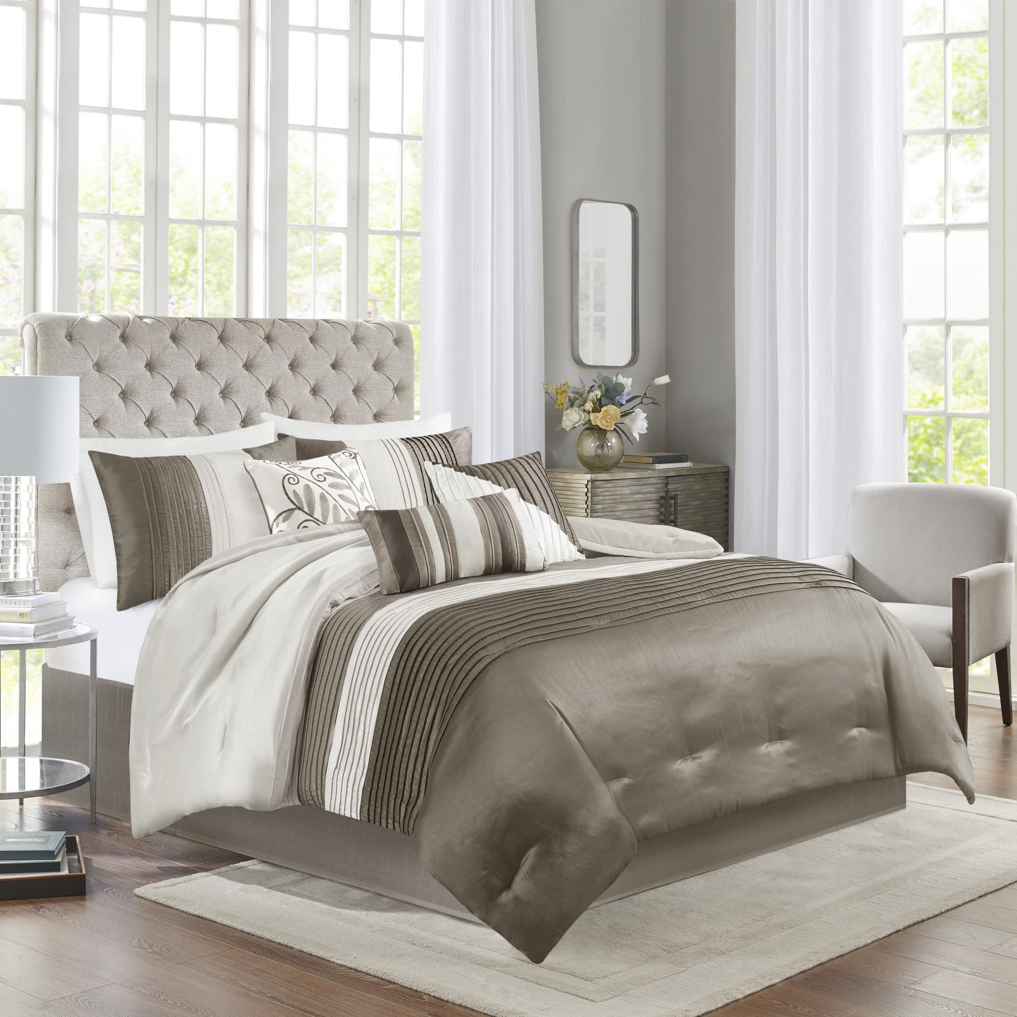 Madison Park Amherst Faux Silk Comforter Set-Casual Contemporary Design All Season Down Alternative Bedding, Matching Shams, Bedskirt, Decorative Pillows, Queen(90"x90"), Natural, 7 Piece (MP10-121)