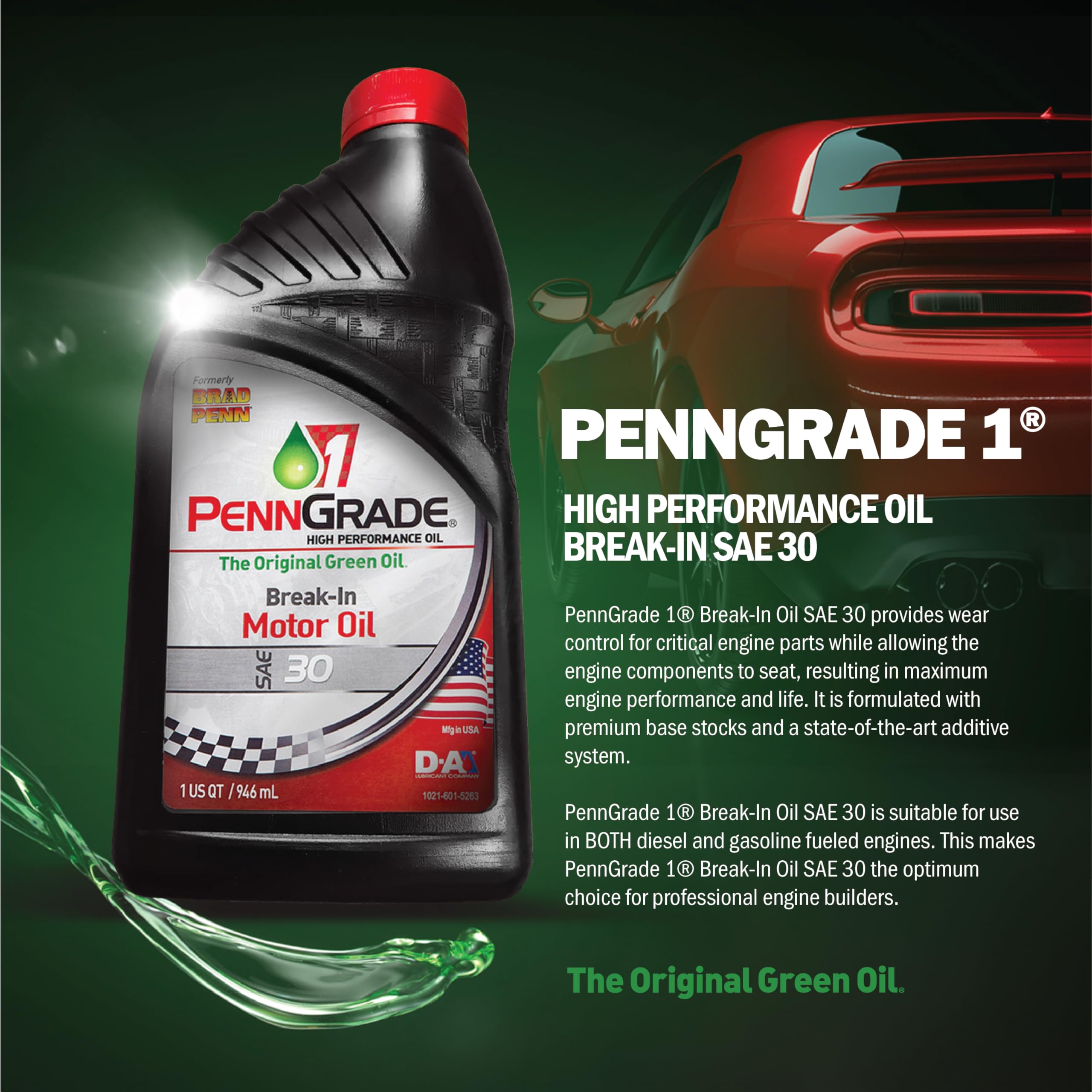 PENN GRADE 1, 71206, Break-In Oil SAE 30, Works with Diesel and Gasoline Engines, 1 Quart (12 Pack)