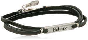 ettika silver colored believe statement plate black leather wrap bracelet 21"+ 1" extender