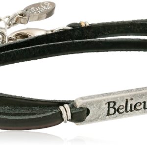 Ettika Silver Colored Believe Statement Plate Black Leather Wrap Bracelet 21"+ 1" Extender