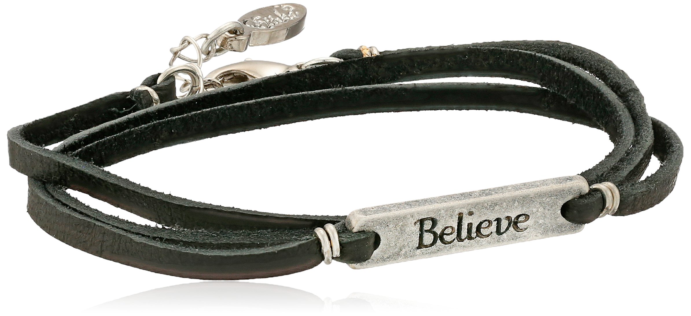 Ettika Silver Colored Believe Statement Plate Black Leather Wrap Bracelet 21"+ 1" Extender