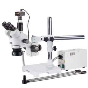 amscope sm-3tz-fodr-10m digital professional trinocular stereo zoom microscope, wh10x eyepieces, 3.5x-90x magnification, 0.7x-4.5x zoom objective, fiber optic dual-gooseneck and ring light, single-arm boom stand, 110v-120v, includes 0.5x and 2.0x barlow l