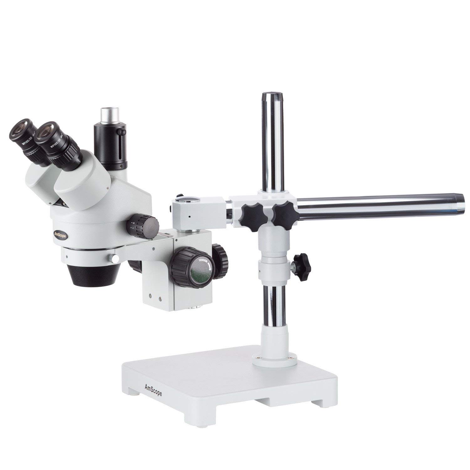 AmScope SM-3TZ-FODR-10M Digital Professional Trinocular Stereo Zoom Microscope, WH10x Eyepieces, 3.5X-90X Magnification, 0.7X-4.5X Zoom Objective, Fiber Optic Dual-Gooseneck and Ring Light, Single-Arm Boom Stand, 110V-120V, Includes 0.5X and 2.0X Barlow L