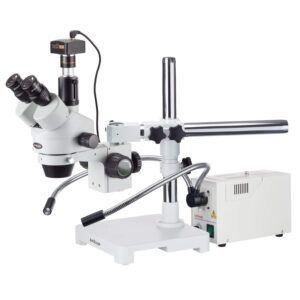 AmScope SM-3TZ-FODR-10M Digital Professional Trinocular Stereo Zoom Microscope, WH10x Eyepieces, 3.5X-90X Magnification, 0.7X-4.5X Zoom Objective, Fiber Optic Dual-Gooseneck and Ring Light, Single-Arm Boom Stand, 110V-120V, Includes 0.5X and 2.0X Barlow L