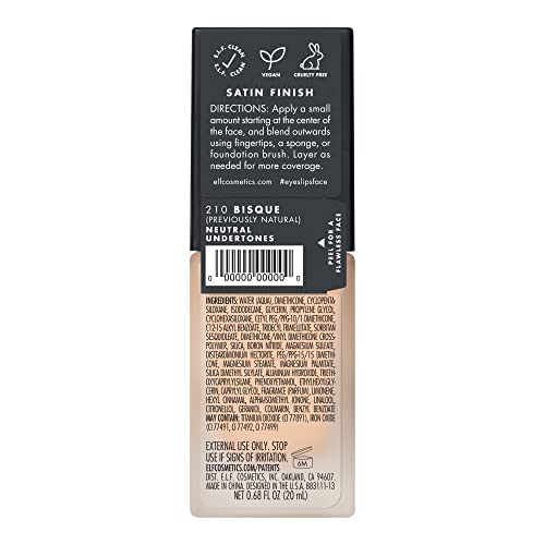 e.l.f. Flawless Finish Foundation, Improves Uneven Skin Tone, Lightweight, Medium Coverage & Semi-Matte, Vegan & Cruelty-Free, Bisque, 0.68 Fl Oz