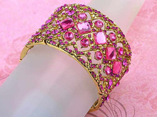 Alilang Womens Rhinestone Bracelet Exotic Golden Tone Fuchsia Pink Crystal Cuff Bangle