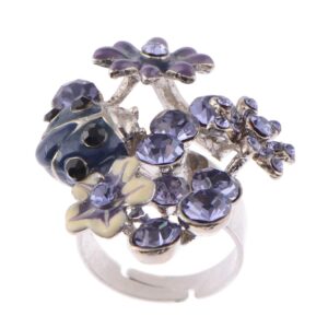 Alilang Womens Adjustable Silvery Tone Purple Rhinestones Spring Floral Flowers Ladybug Ring