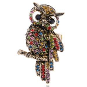 Alilang Womens Stretchy Antique Golden Tone Multicolored Rhinestones Rainbow Owl Bird Ring