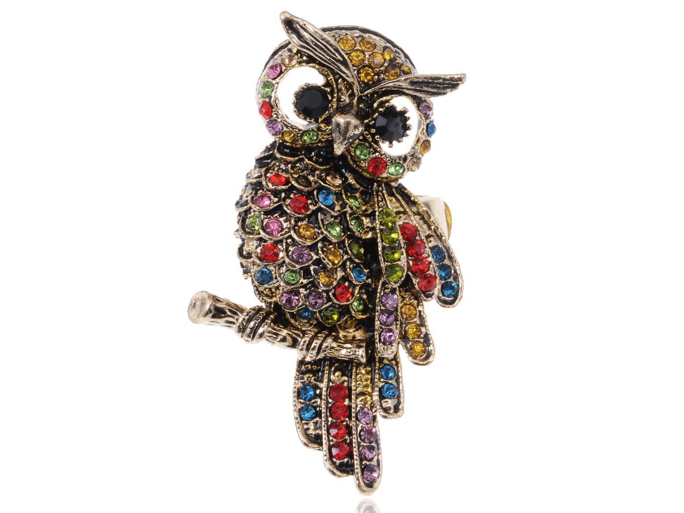 Alilang Womens Stretchy Antique Golden Tone Multicolored Rhinestones Rainbow Owl Bird Ring