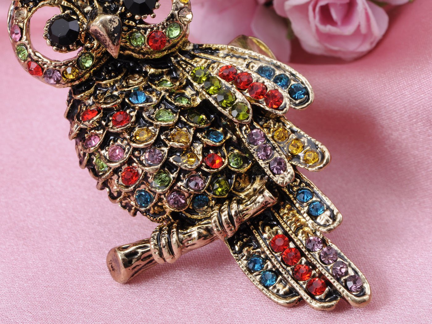 Alilang Womens Stretchy Antique Golden Tone Multicolored Rhinestones Rainbow Owl Bird Ring