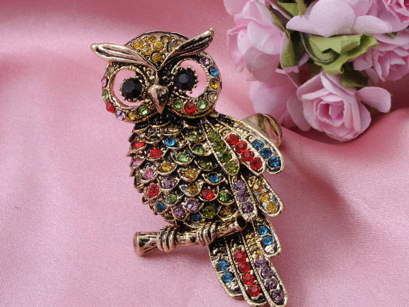 Alilang Womens Stretchy Antique Golden Tone Multicolored Rhinestones Rainbow Owl Bird Ring