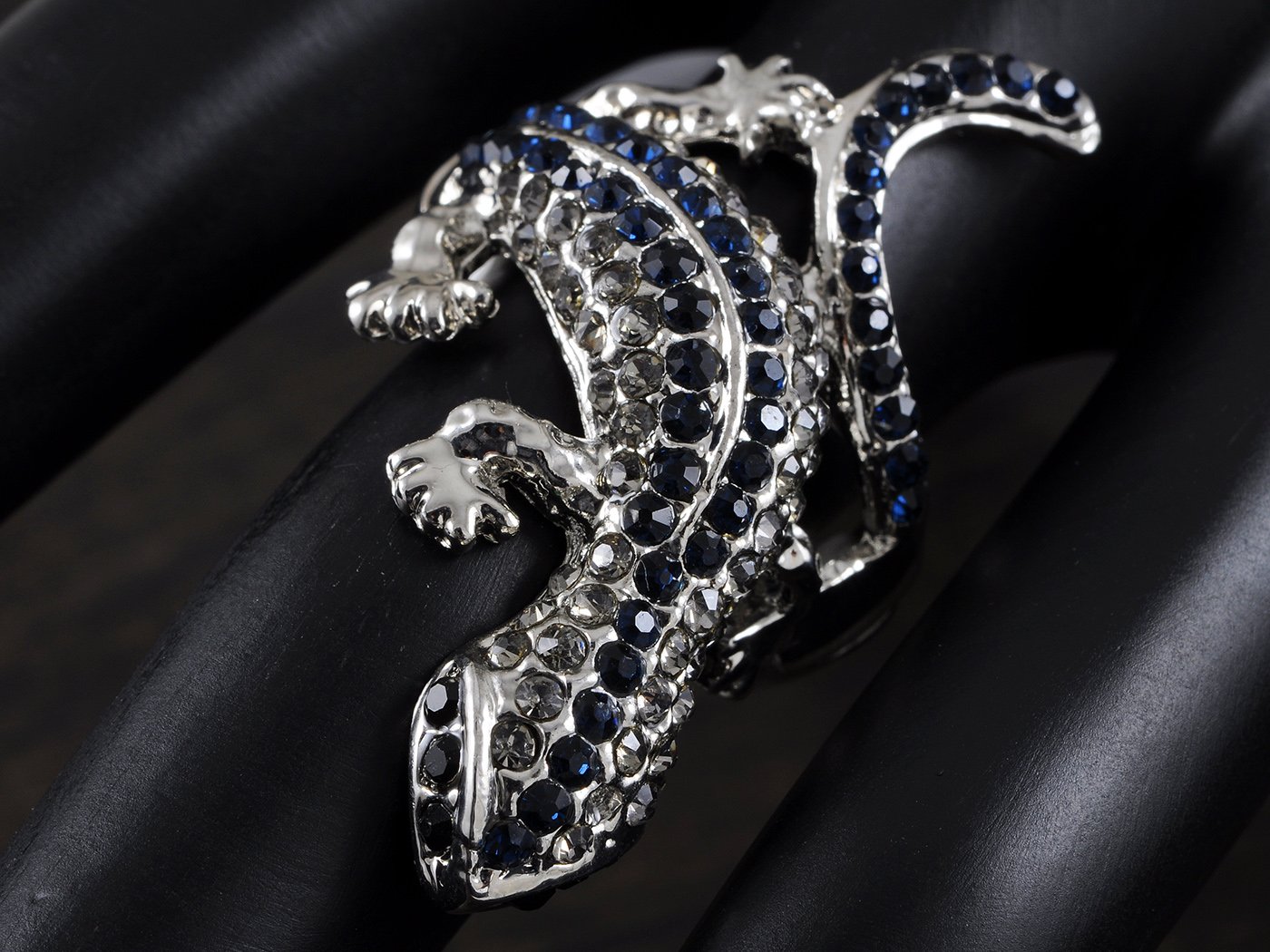 Alilang Adjustable Silvery Tone Dark Blue Rhinestones Lizard Reptile Ring