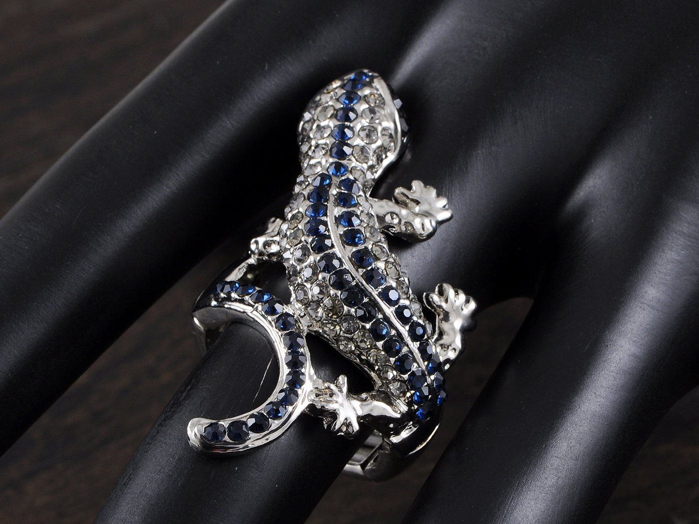 Alilang Adjustable Silvery Tone Dark Blue Rhinestones Lizard Reptile Ring