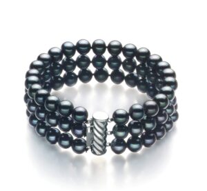 medina black 6-7mm tripple strand aa quality freshwater cultured pearl bracelet for women-7.5 in length