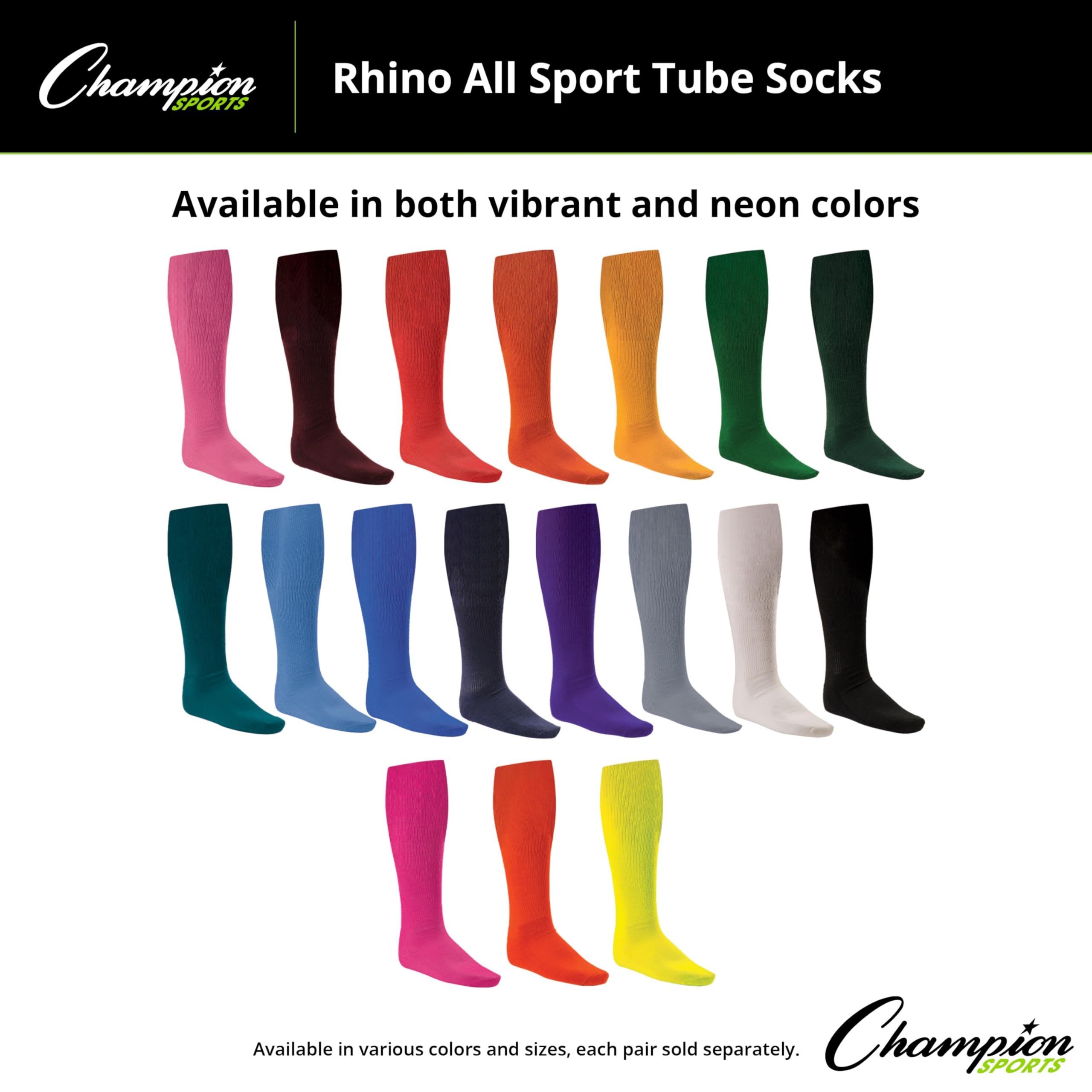 Champion Sports Rhino® All Sport Socks - Machine Washable Sport Sock - for Baseball, Football, Soccer - Cushioned Tube Sock - Stay-in-Place Fit - Size L/10-13 - Purple