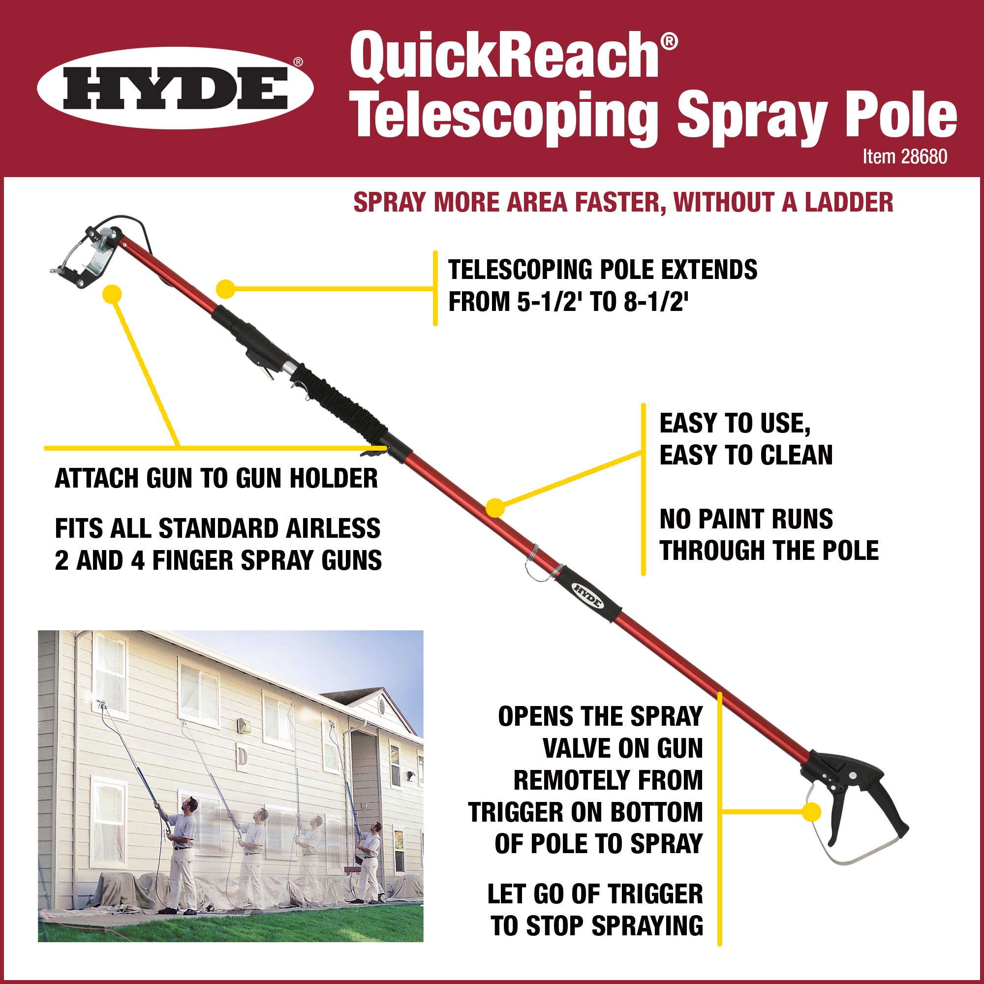 HYDE 28680 QuickReach Telescoping Spray Pole, Extends from 5-1/2 to 8-1/2 Feet