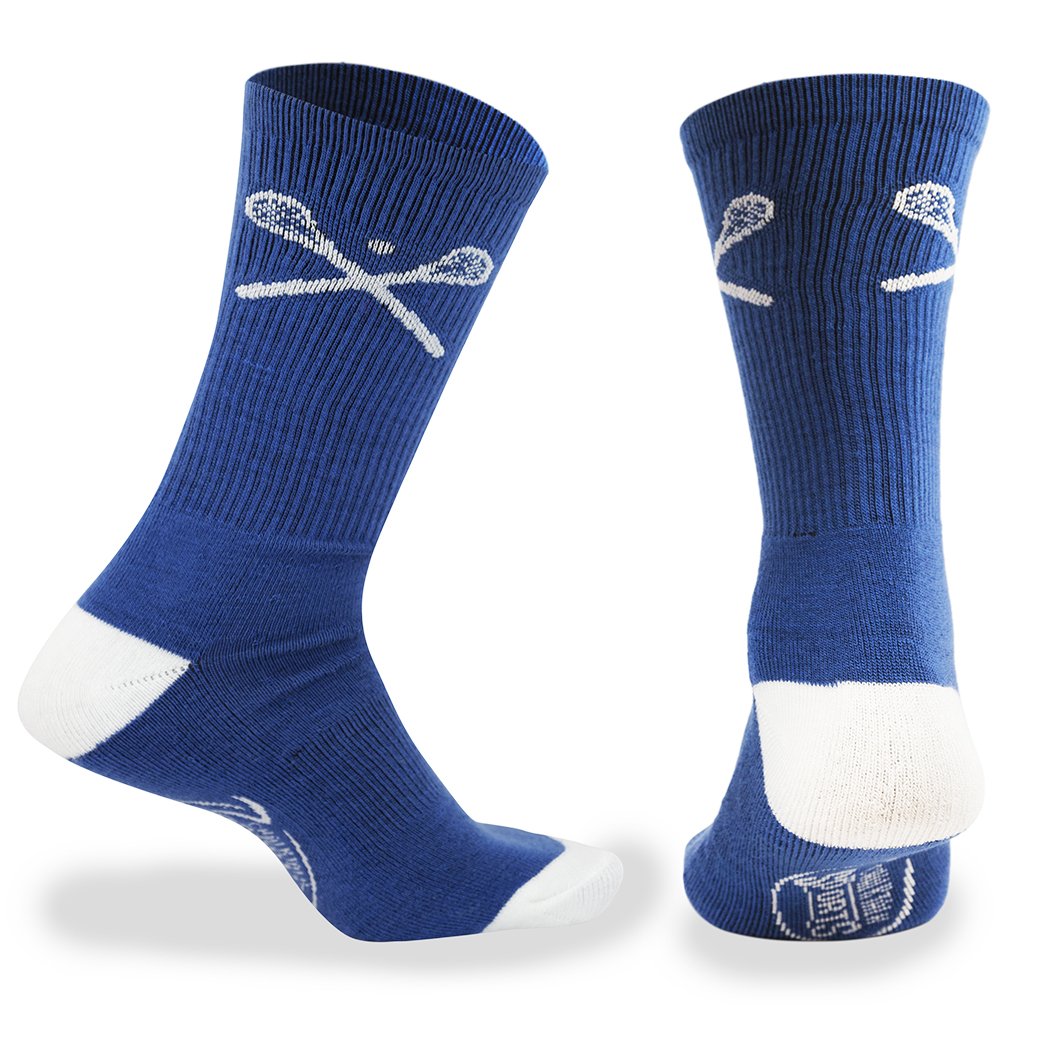 ChalkTalkSPORTS Athletic Half Cushioned Lacrosse Crew Socks | Mid Calf | Crossed LAX Sticks | Blue