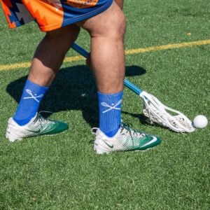 ChalkTalkSPORTS Athletic Half Cushioned Lacrosse Crew Socks | Mid Calf | Crossed LAX Sticks | Blue