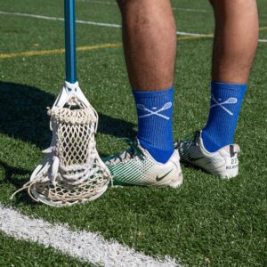 ChalkTalkSPORTS Athletic Half Cushioned Lacrosse Crew Socks | Mid Calf | Crossed LAX Sticks | Blue