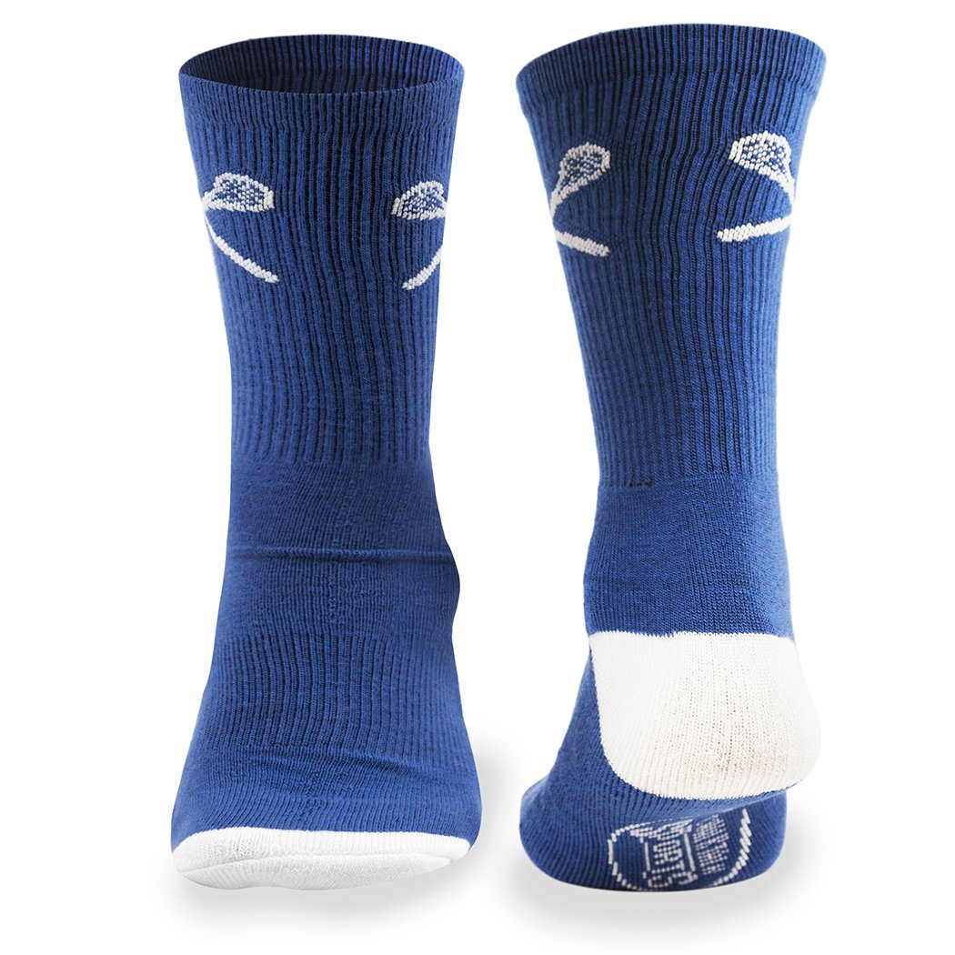 ChalkTalkSPORTS Athletic Half Cushioned Lacrosse Crew Socks | Mid Calf | Crossed LAX Sticks | Blue