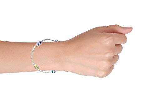 Delicate Dainty Turkish Amulet Talisman Protection Good Luck Five Multi Color Yellow Red Blue Hamsa Fatima Hand and Evil Eye Charm Bracelet For Teen For Women .925 Sterling Silver