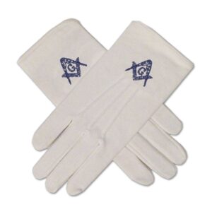 blue square & compass masonic embroidered cotton gloves - [white]