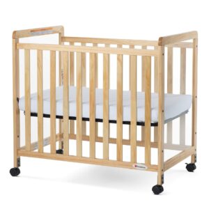 Foundations SafetyCraft Clearview Compact Daycare Crib, Durable Wood Construction, Non-Marking Casters (2 Locking), Includes 3” InfaPure Foam Mattress (Natural)