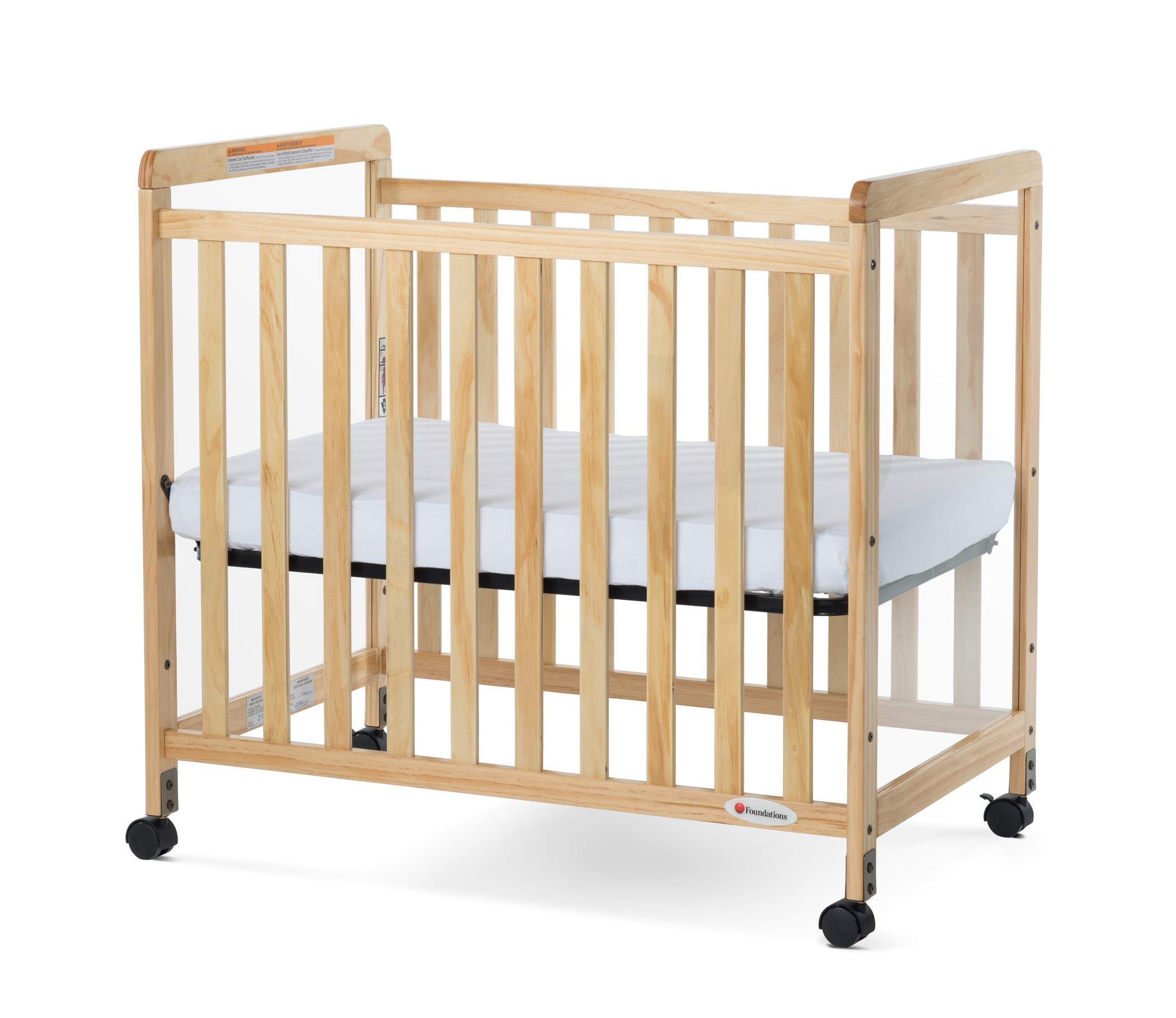 Foundations SafetyCraft Clearview Compact Daycare Crib, Durable Wood Construction, Non-Marking Casters (2 Locking), Includes 3” InfaPure Foam Mattress (Natural)