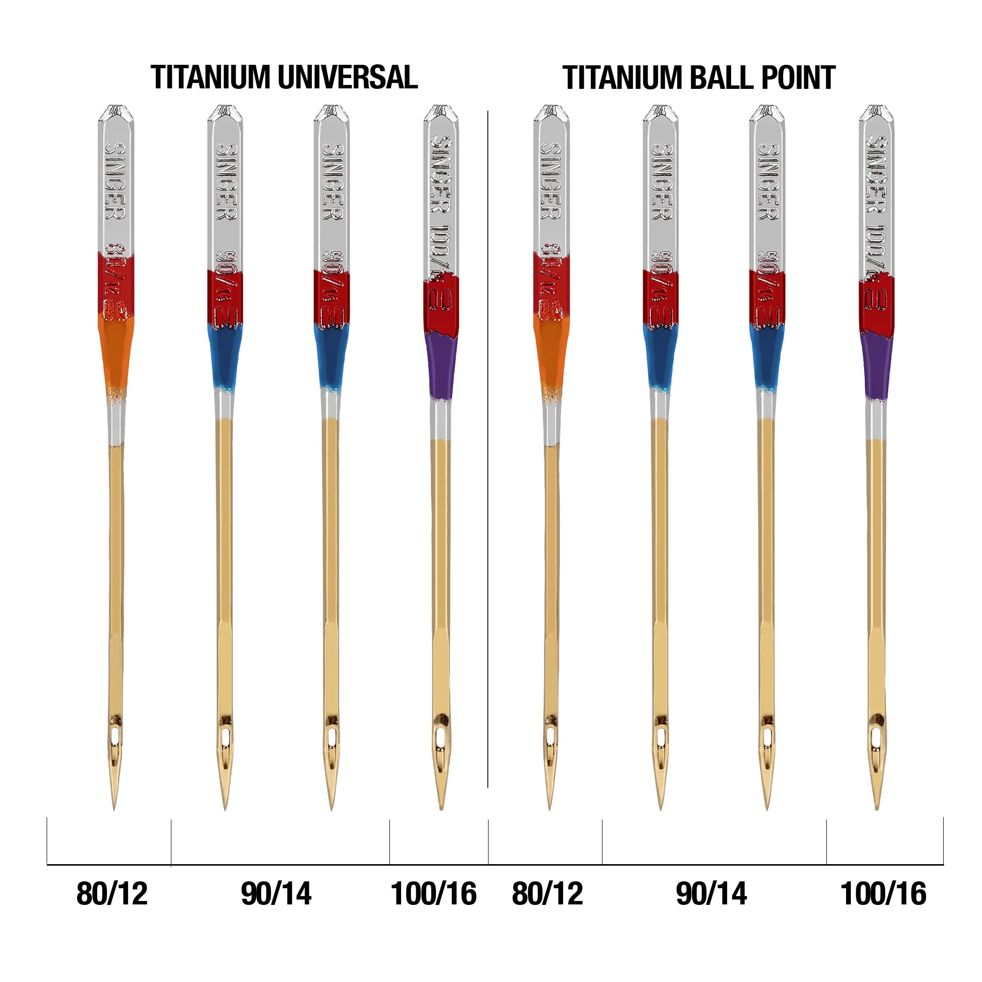 SINGER 04806 Titanium Universal Regular and Ball Point Machine Needles Combo Pack, 8-Count