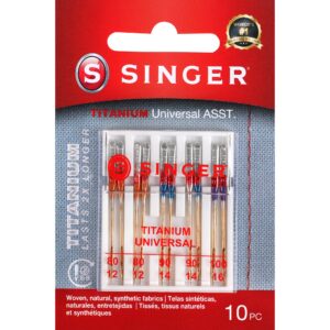 singer 04808 titanium universal regular point machine needles woven fabric, sizes 80/11, 90/14, 100/16, 10-count