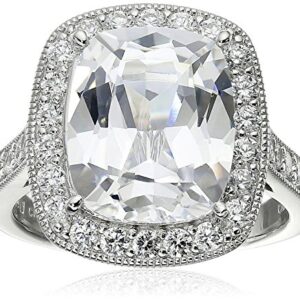 MORGAN & PAIGE Platinum Plated Sterling Silver Cushion Cut Cubic Zirconia Halo Statement Cocktail Ring, Size 6