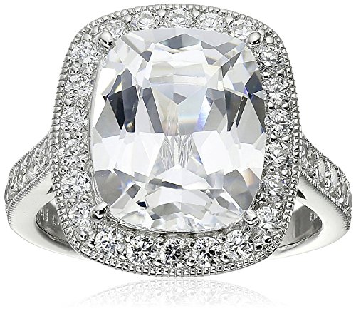 MORGAN & PAIGE Platinum Plated Sterling Silver Cushion Cut Cubic Zirconia Halo Statement Cocktail Ring, Size 6