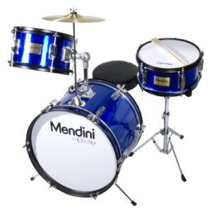 mendini by cecilio drum set – 3-piece kids drum set (16"), includes bass drum, tom, snare, drum throne - musical instruments for age 6-12, metallic blue drum kit