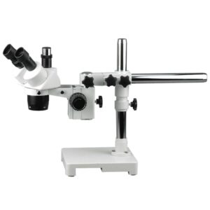 amscope sw-3t13y trinocular stereo microscope, wh10x eyepieces, 5x/15x/30x/45x magnification, 1x/3x objective, single-arm boom stand, includes 1.5x barlow lens