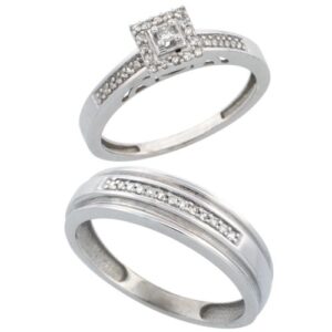 10k white gold 2-piece diamond wedding engagement ring set for him and her, 2.5mm & 6mm wide, size 8