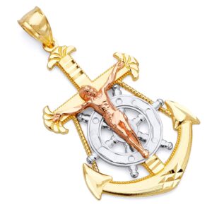 goldenmine fine jewelry collection 14k tri color gold jesus crucifix anchor religious charm pendant