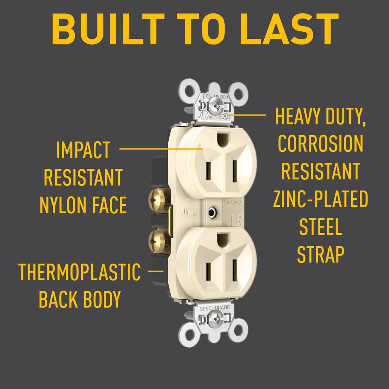 Legrand Pass & Seymour TR5262LACC12 15 Amp Tamper Resistant Construction Specification Grade Duplex Receptacle Outlet, Back and Side Wire, Light Almond (1 Count)