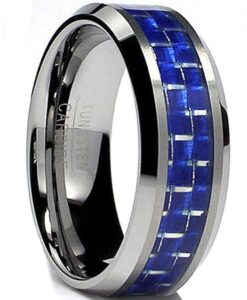 metal masters 8mm flat top tungsten carbide ring wedding band w/blue carbon fiber inlay size 8.5