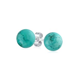 minimalist simple plain gemstone blue stabilized turquoise round ball stud earrings for women .925 sterling silver 8 mm