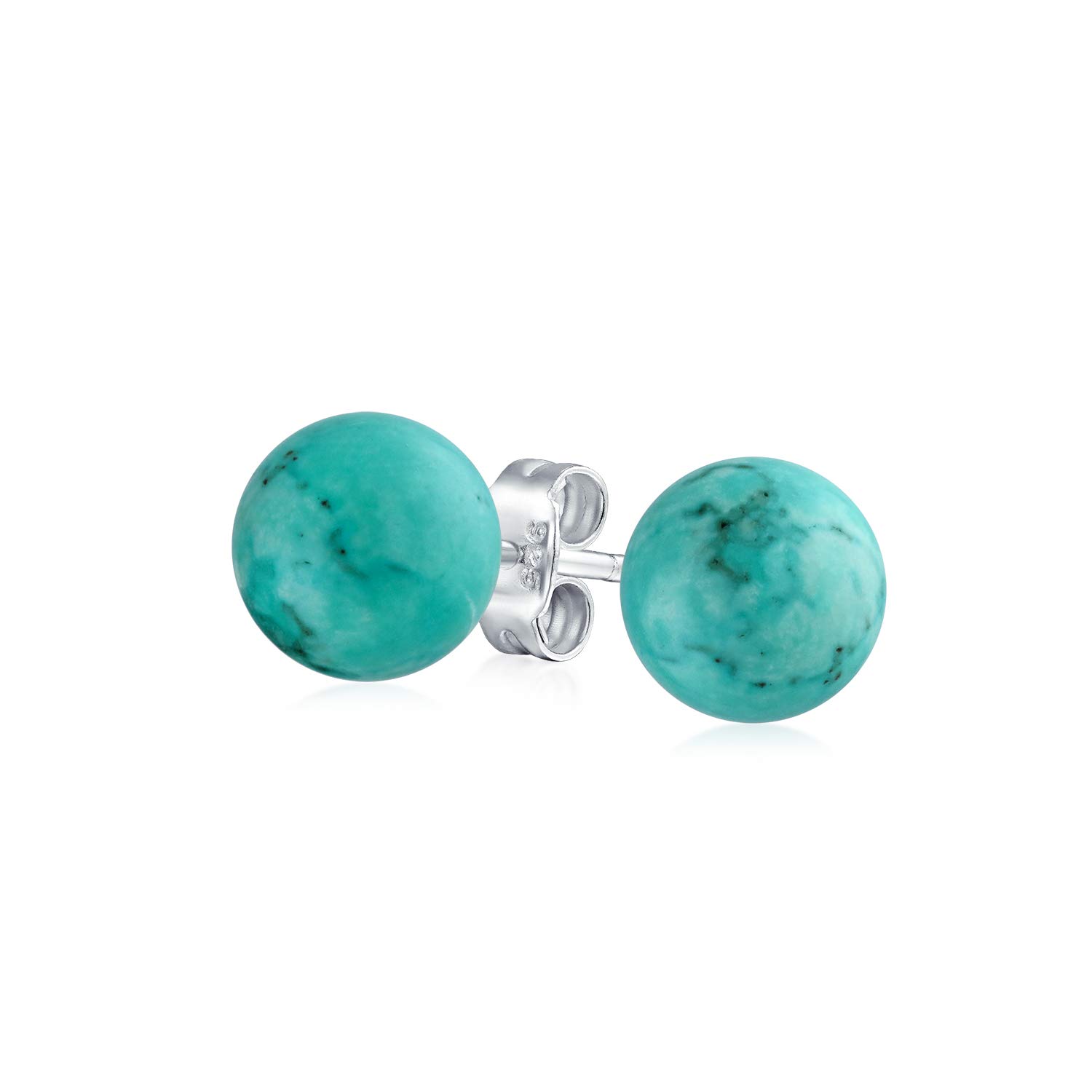 Minimalist Simple Plain Gemstone Blue Stabilized Turquoise Round Ball Stud Earrings For Women .925 Sterling Silver 8 MM